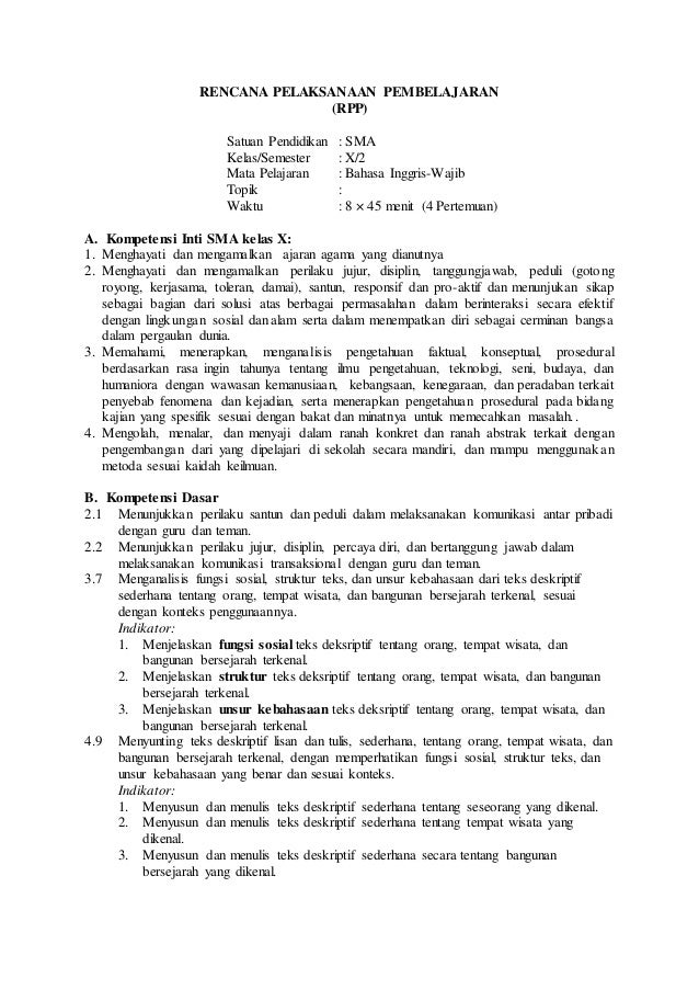 Rpp Bahasa Inggris Kurikulum 2013 Sma