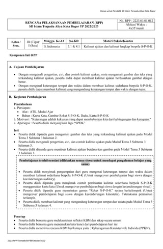 RPP Bahasa Indonesia Kelas 3 SD Materi Kalimat SPOK | PDF