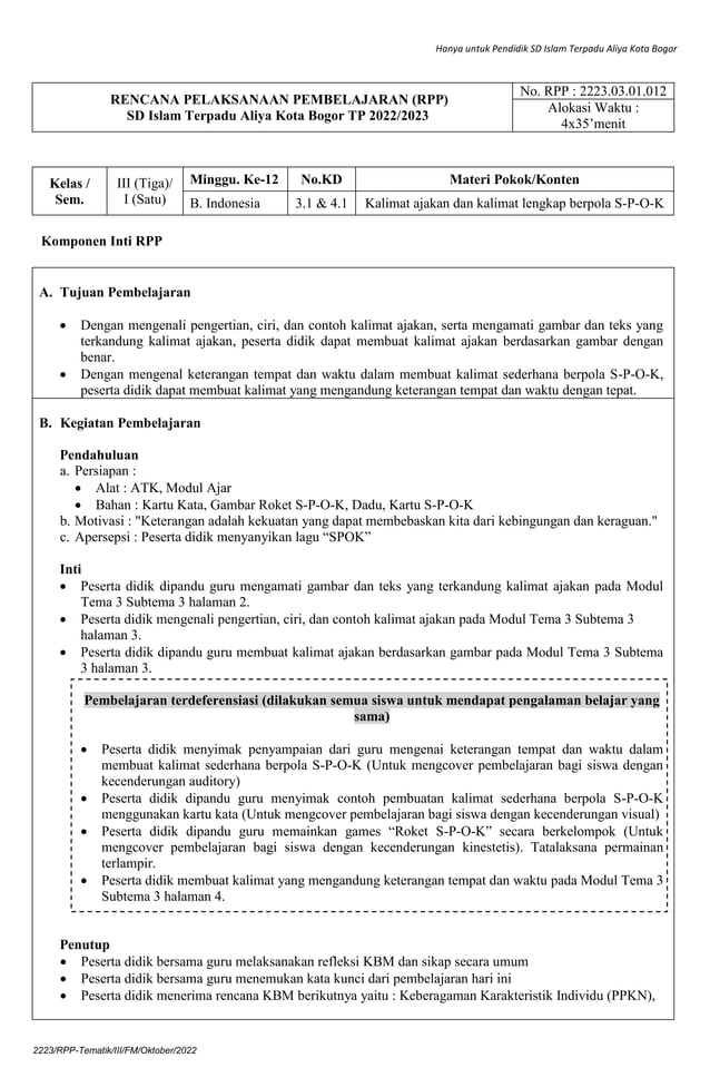 RPP Bahasa Indonesia Kelas 3 SD Materi Kalimat SPOK | PDF