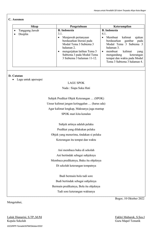 RPP Bahasa Indonesia Kelas 3 SD Materi Kalimat SPOK | PDF