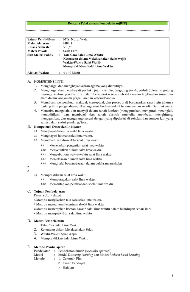 Rpp fikih 7 bab 2 pertemuan 1,2 | PDF