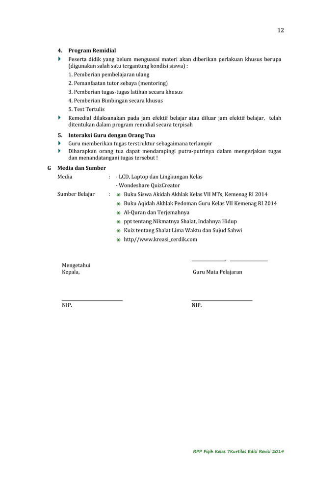 RPP Fiqih Kelas 7 MTs K-13 contoh | PDF