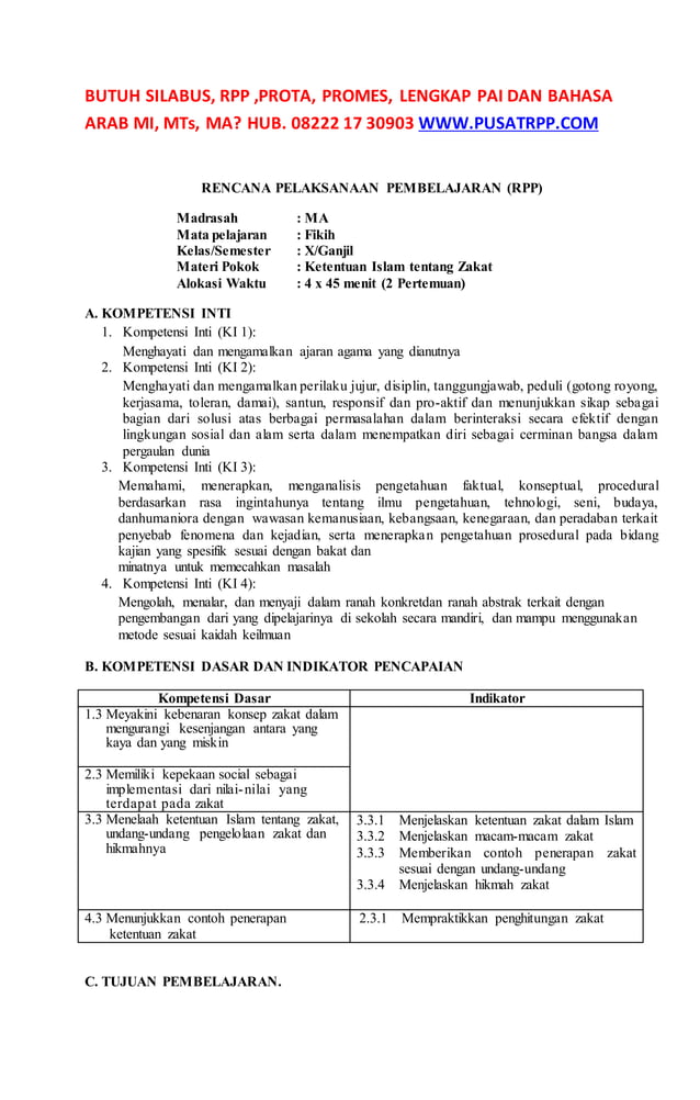 RPP Lengkap Fiqih Kelas X Kurikulum 2013 | PDF
