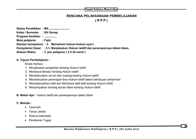Rpp fiqih MA kelas XII, 1 2 | DOC