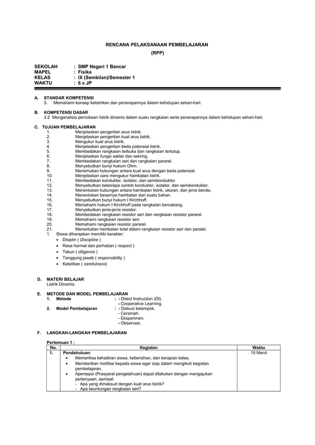 Rpp fisk smp kls9 sem1 3.2 menganalisis percobaan listrik dinamis dalam suatu rangkaian | DOC