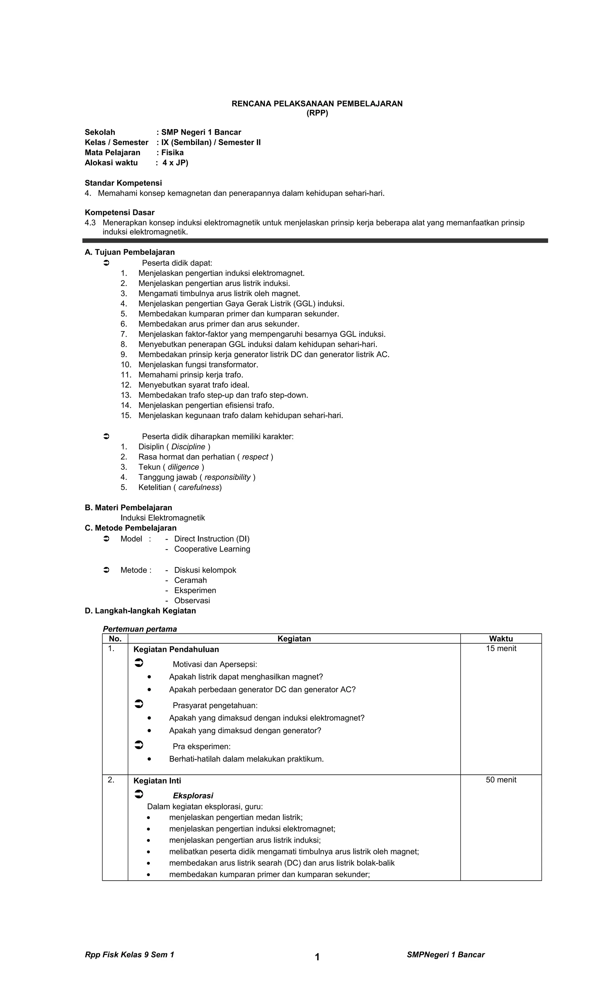 Rpp fisk smp kls9 sem1 4.3 menerapkan konsep induksi elektromagnetik | PDF