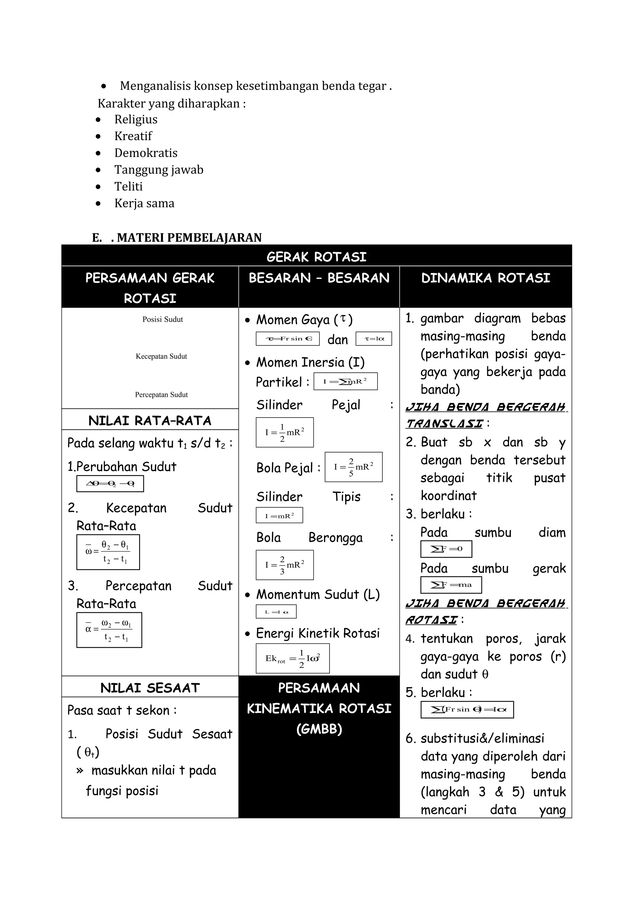 Rpp (gerak rotasi translasi dan kesetimbangan benda tegar) | DOC