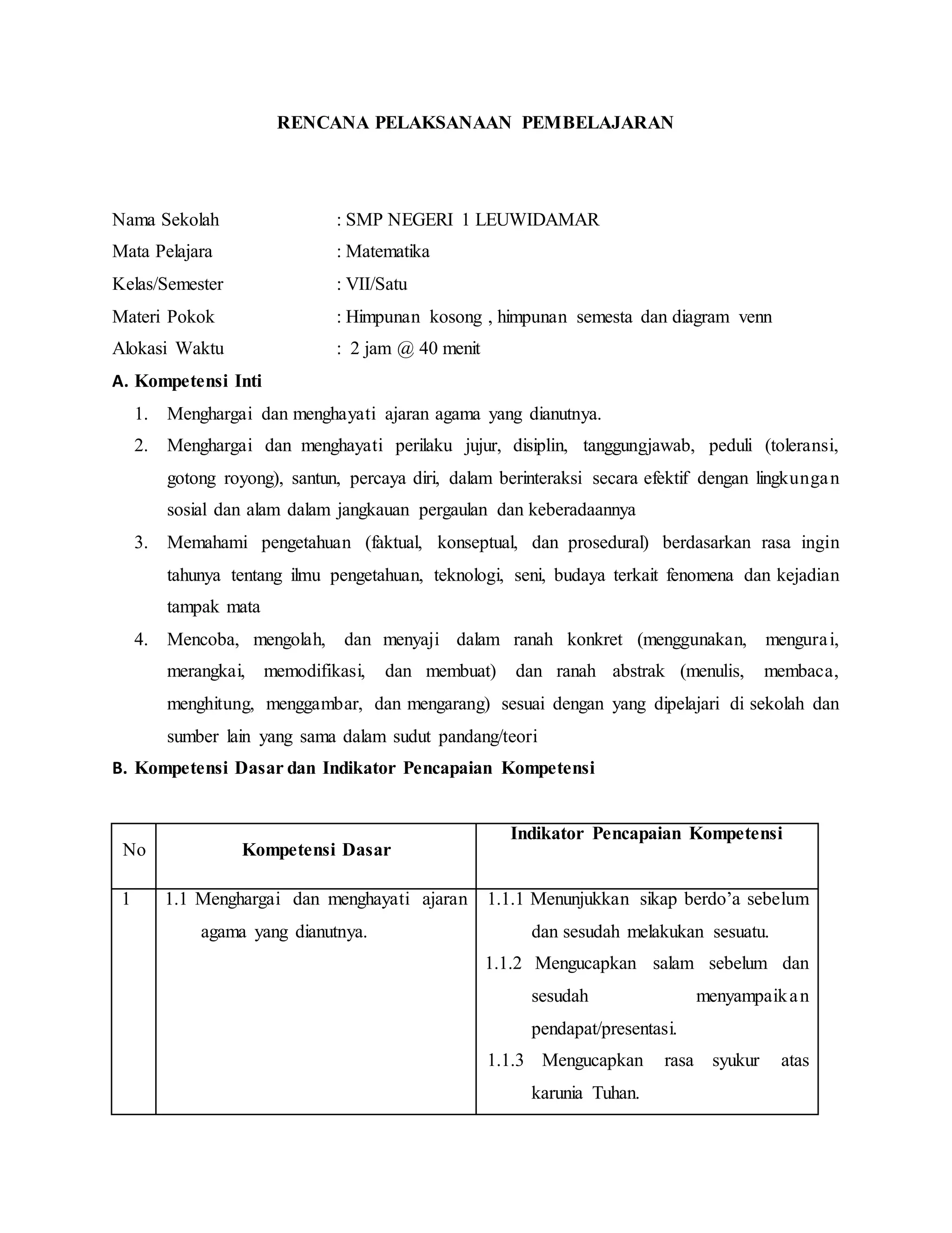 RPP HIMPUNAN KOSONG, HIMPUNAN SEMESTA DAN DIAGRAM VENN | PDF