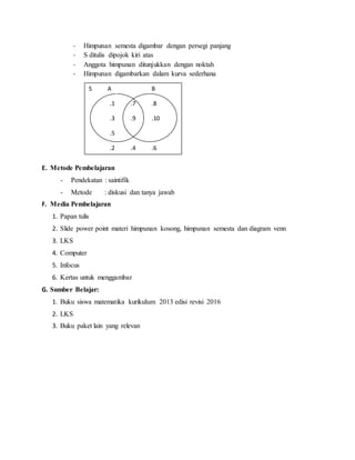 RPP HIMPUNAN KOSONG, HIMPUNAN SEMESTA DAN DIAGRAM VENN | PDF