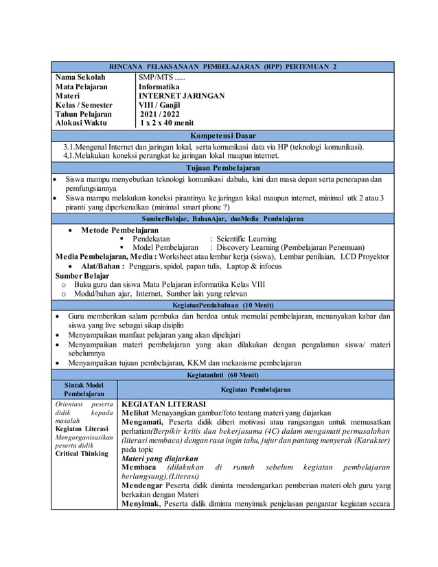 Rpp informatika kelas 8 ganjil genap | DOCX