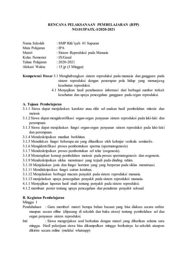 Rpp ipa 9 versi covid dan simpel (RPP 1 lembar) | DOCX