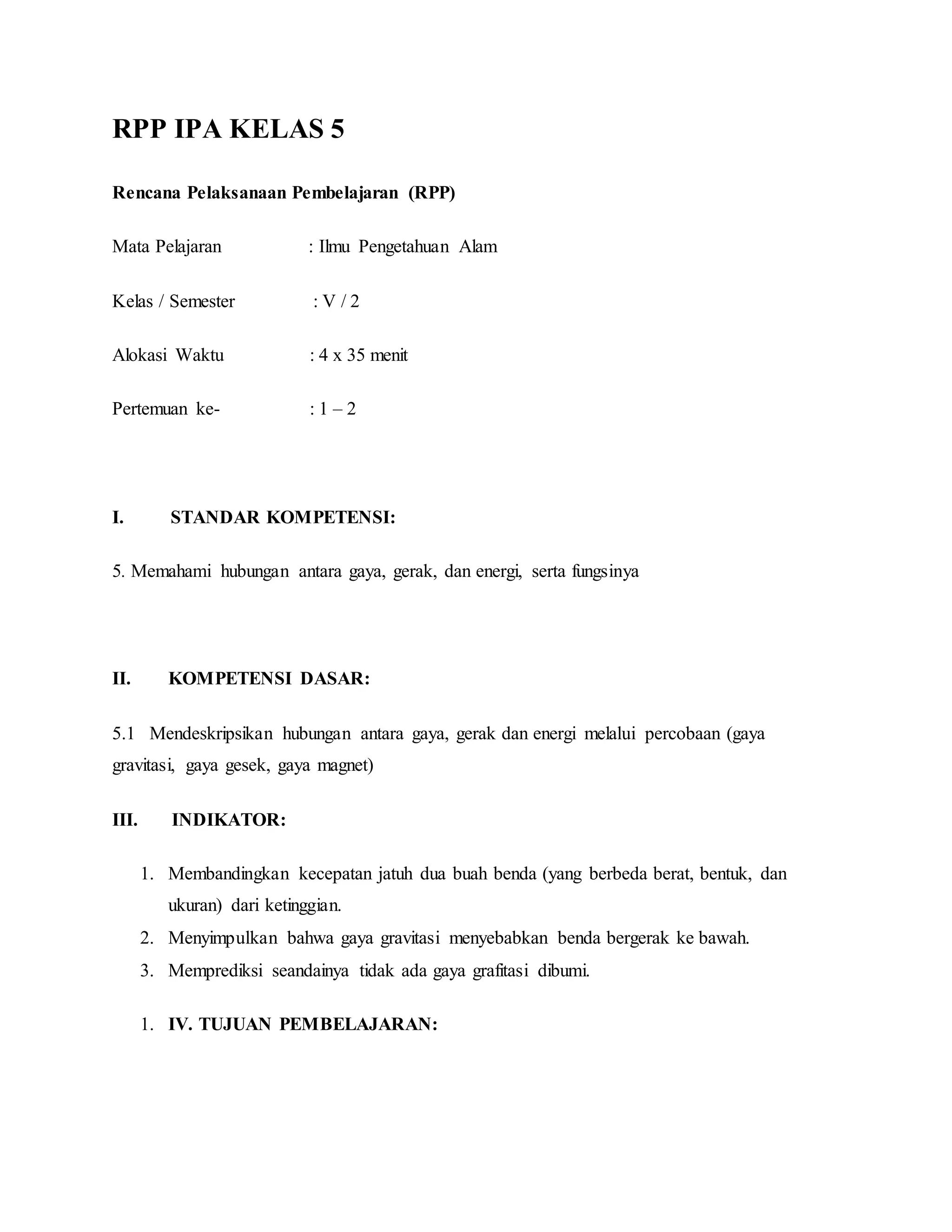 Rpp ipa kelas 5 gaya gravitasi | PDF