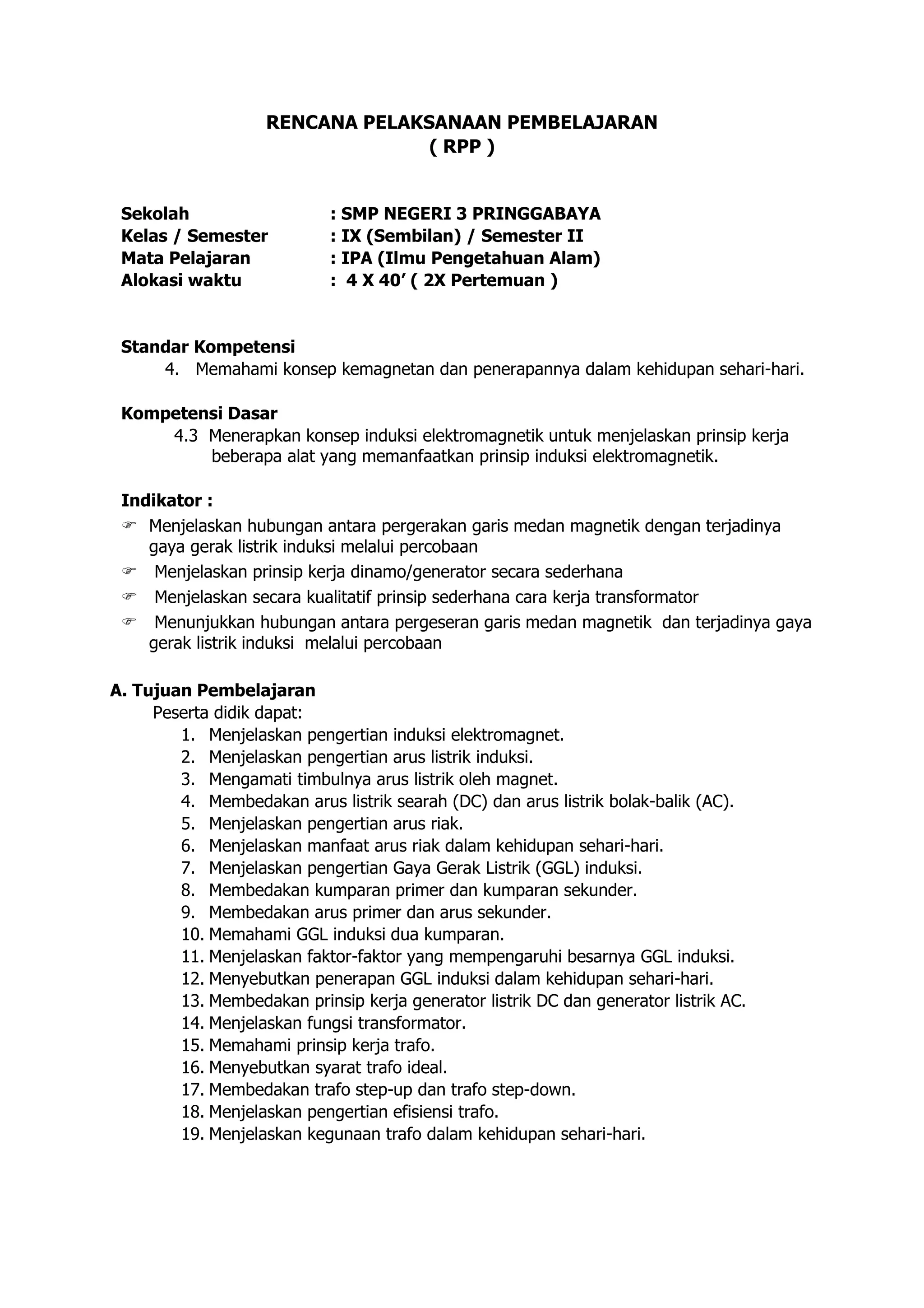 Rpp ipa kelas 9 smt 2 | PDF