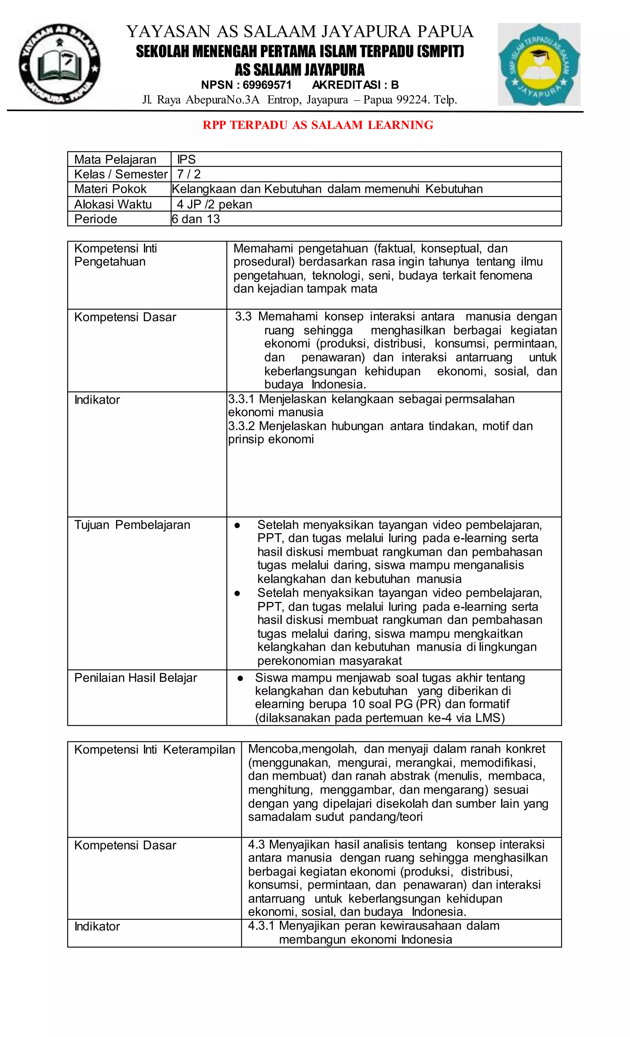 Rpp ips kelas 7 | PDF