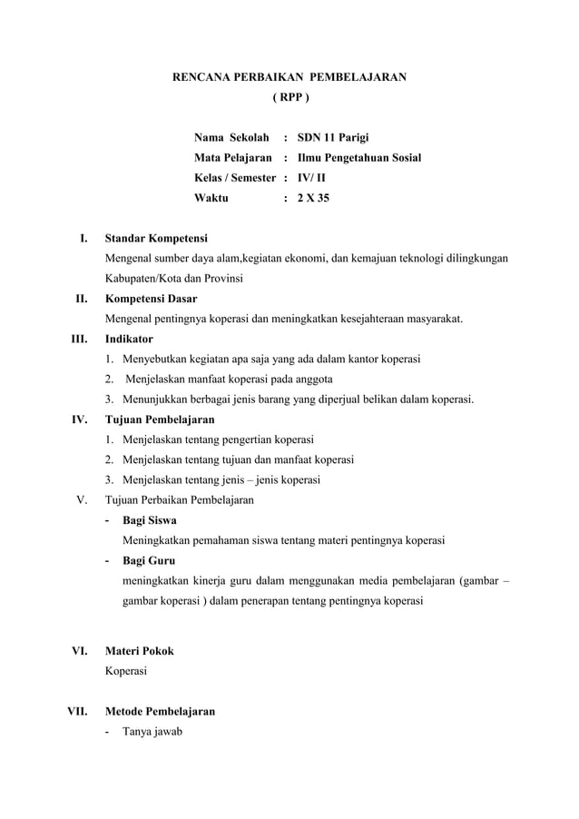 Rpp ips kelas iv koperasi | PDF