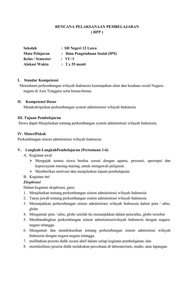 Rpp ips kelas vi | PDF