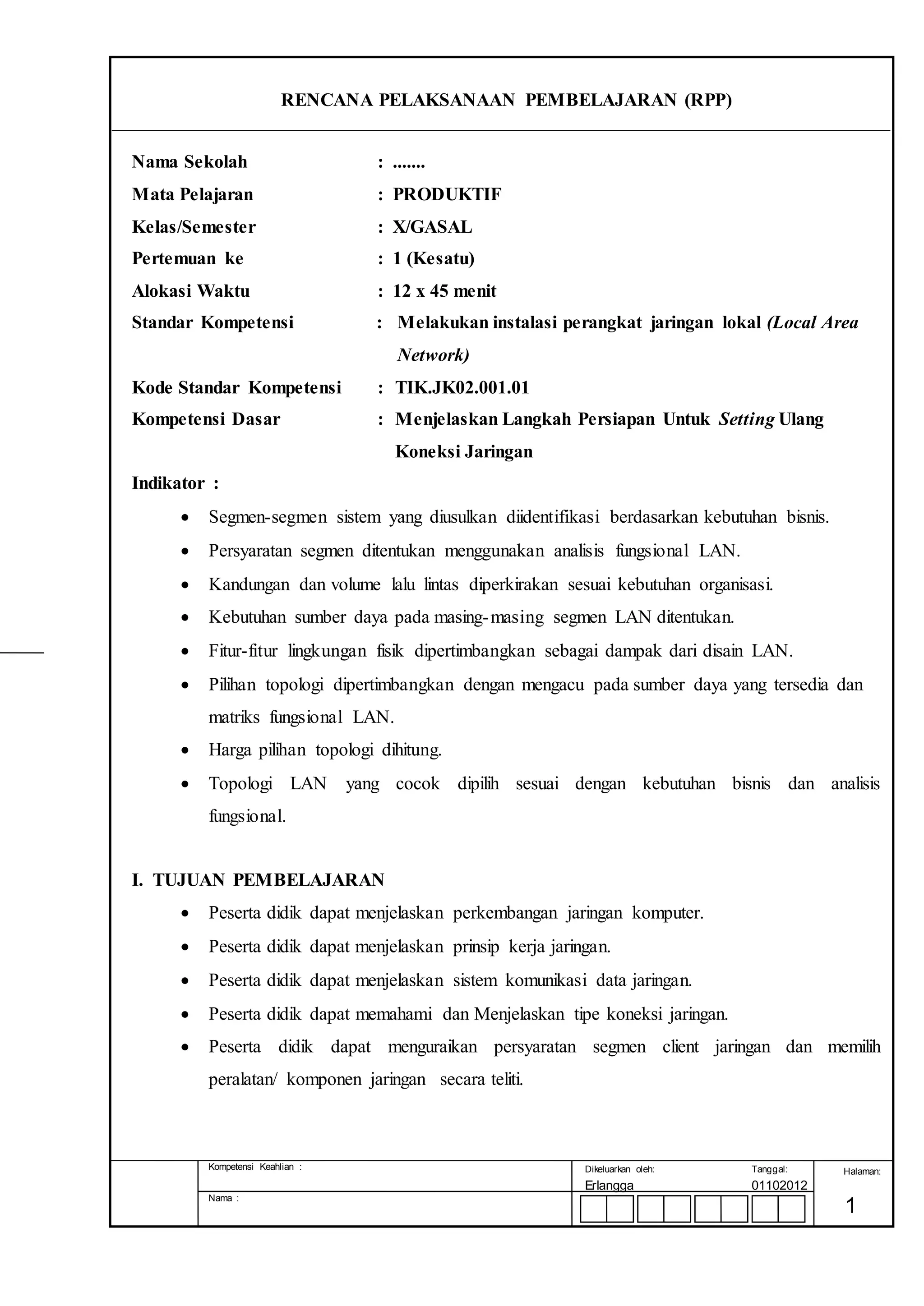 Rpp jaringan dasar | PDF