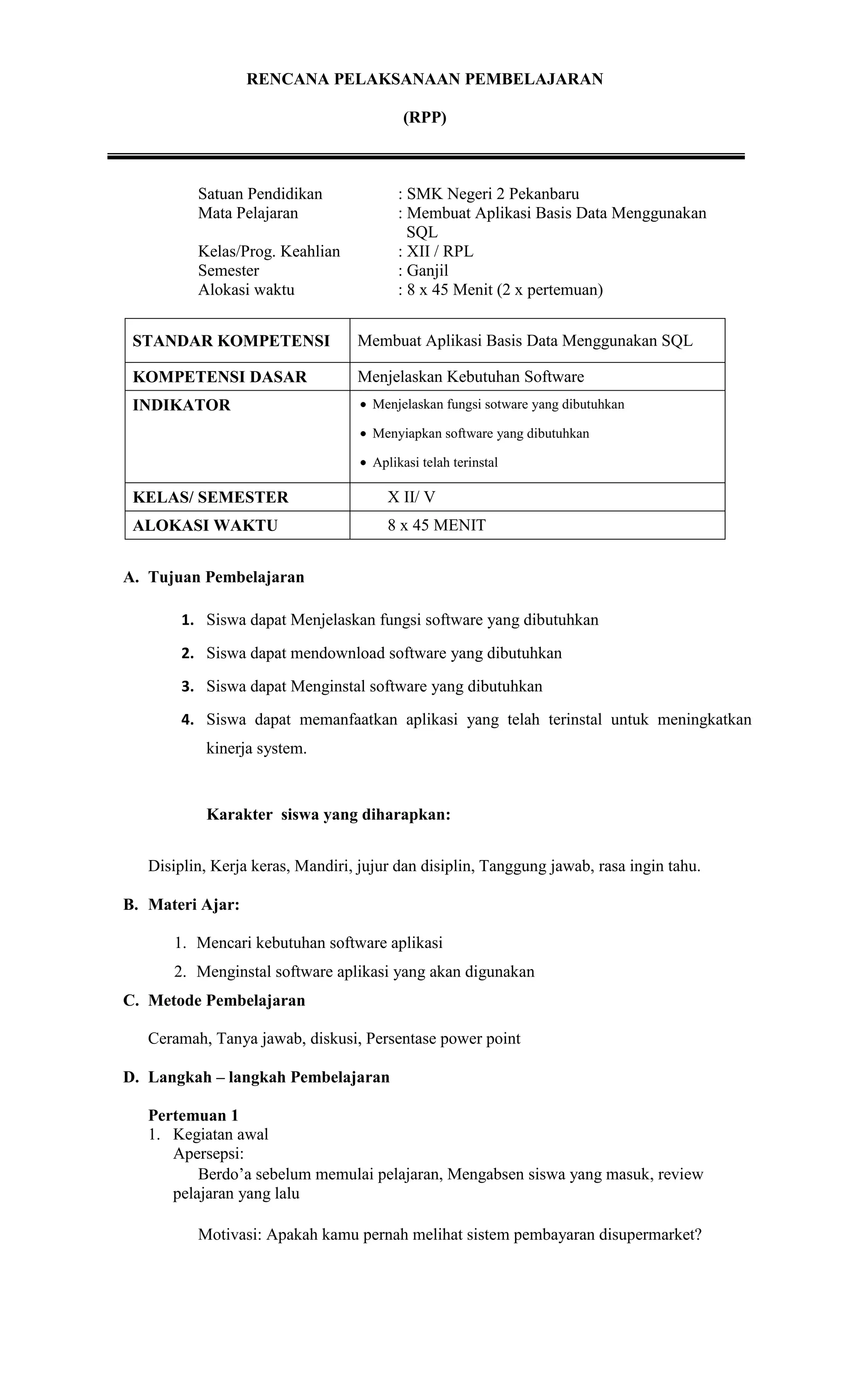 Rpp membuat basis data menggunakan sql | PDF