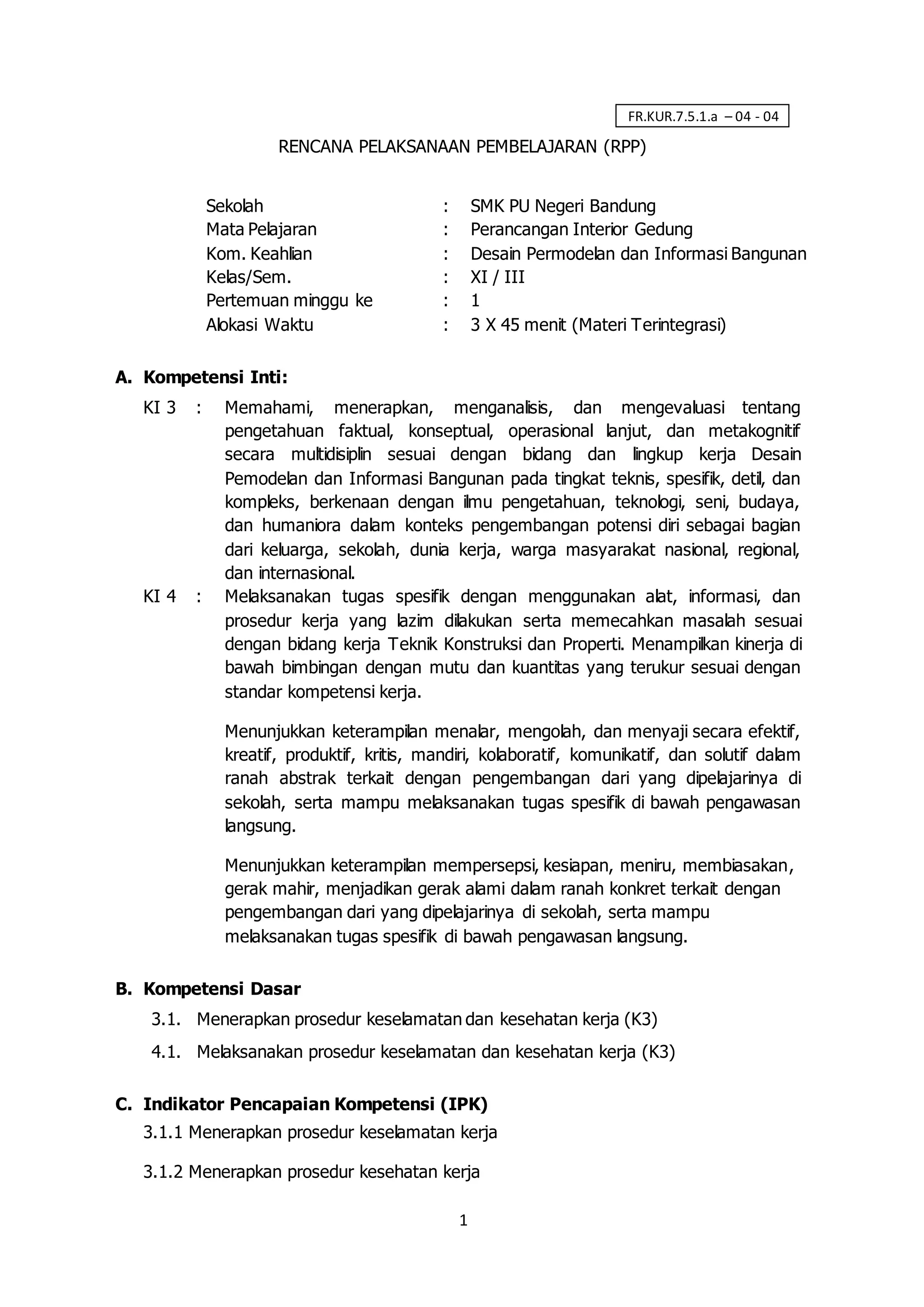 Rpp kd 1 pertemuan 1 | PDF