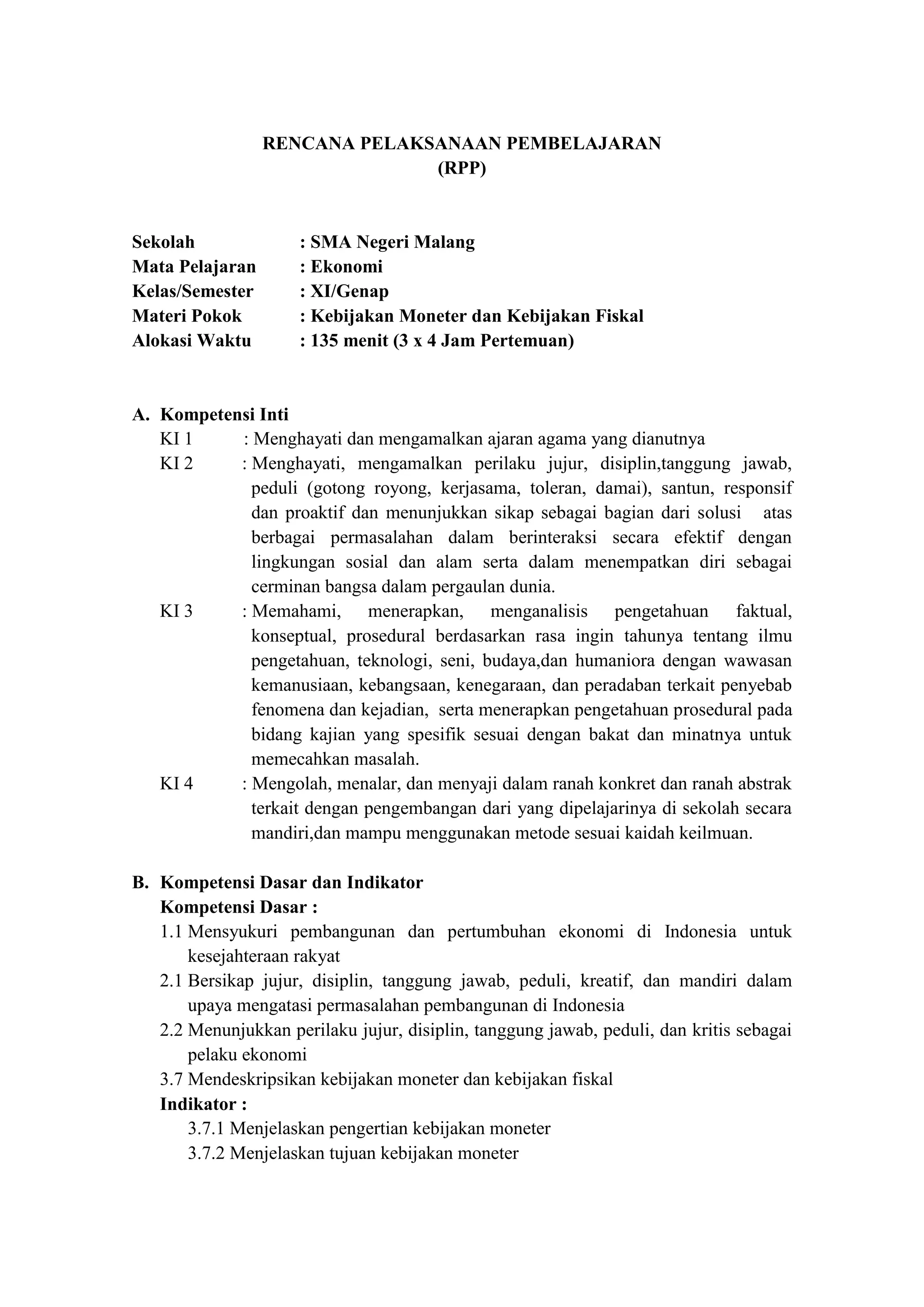 Rpp ekonomi sma xi kd 3.7 | DOCX