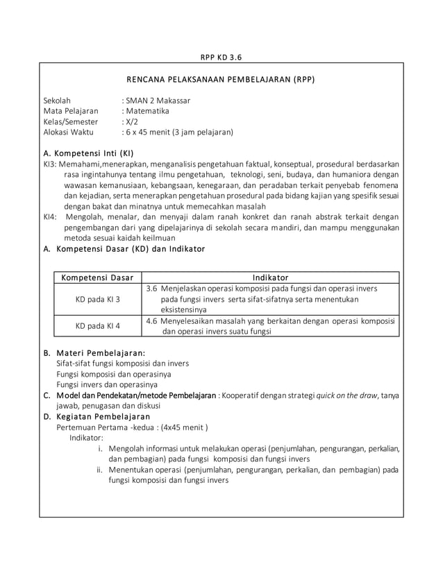 Rpp kd 3.6 wajib (fungsi komposisi dan fungsi invers) | DOCX