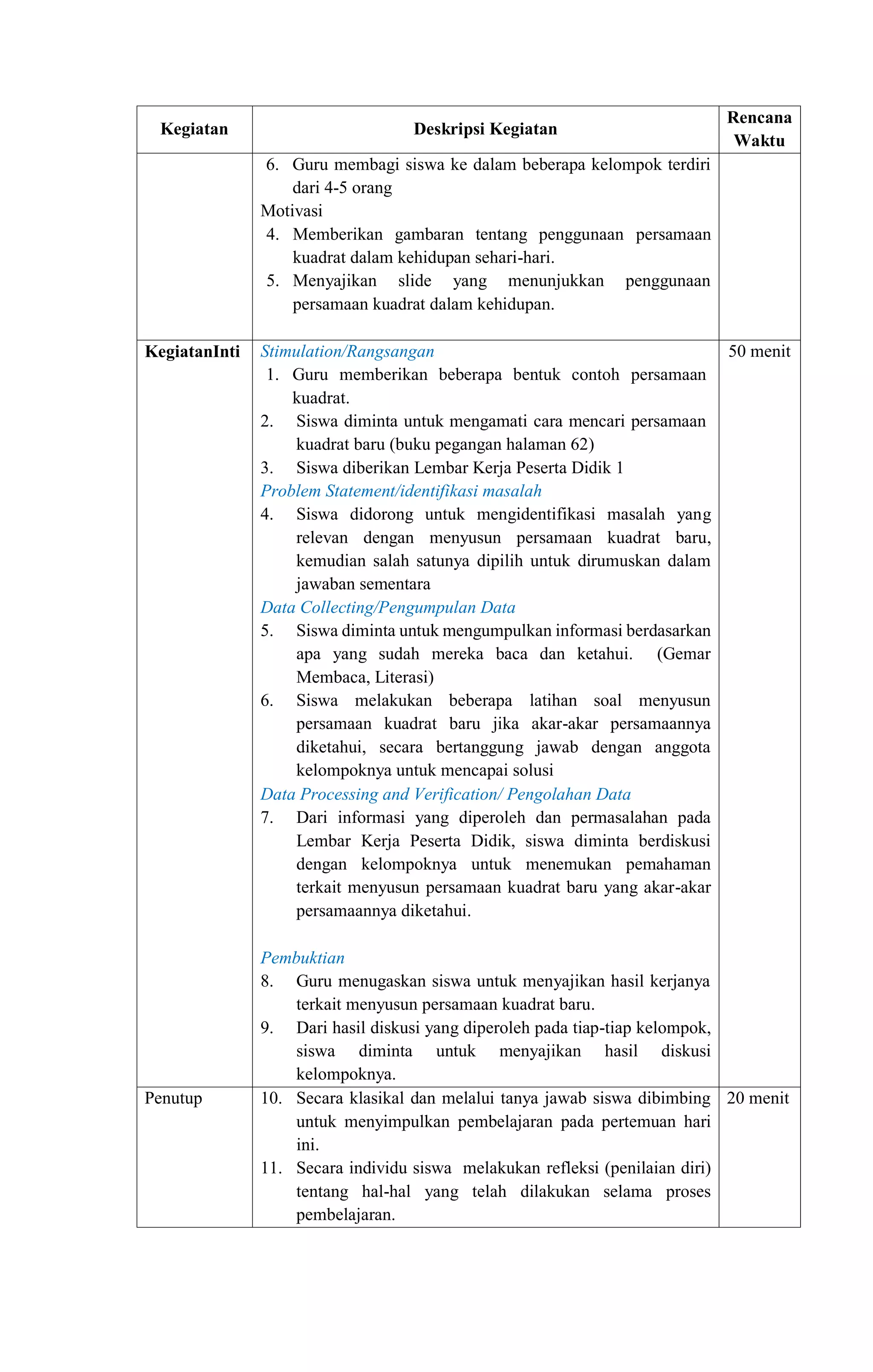 RPP KD 3.2 dan 4.2 persamaan kuaadrat | PDF