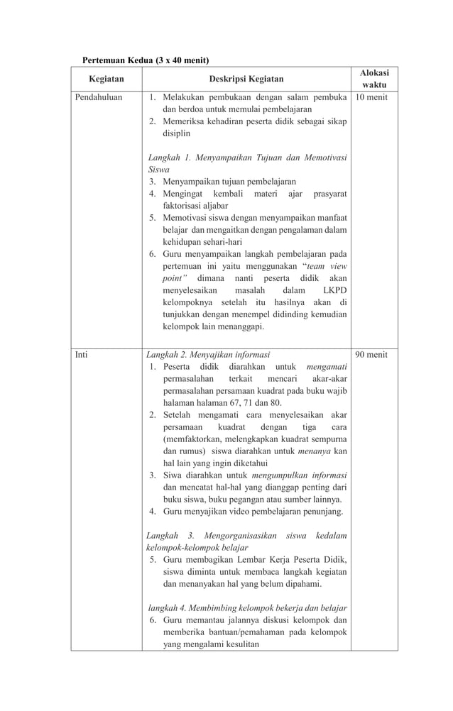 RPP KD 3.2 dan 4.2 persamaan kuaadrat | PDF