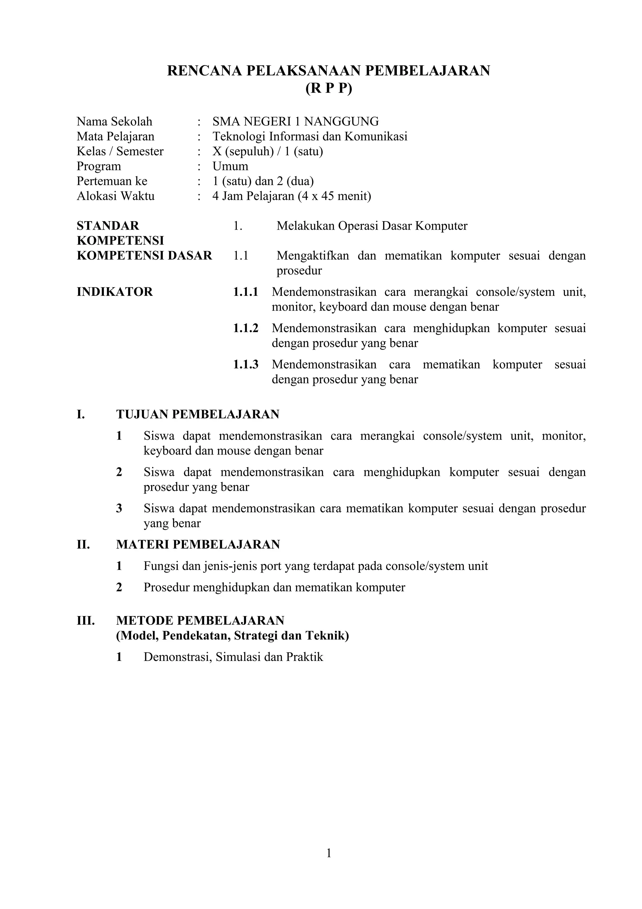 Rpp kelas 1 sem 1 1011 | PDF