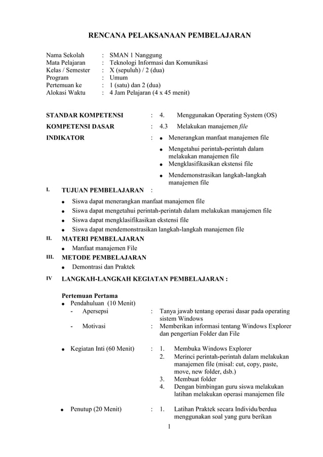 Rpp kelas 1 sem 2 1011 | DOC