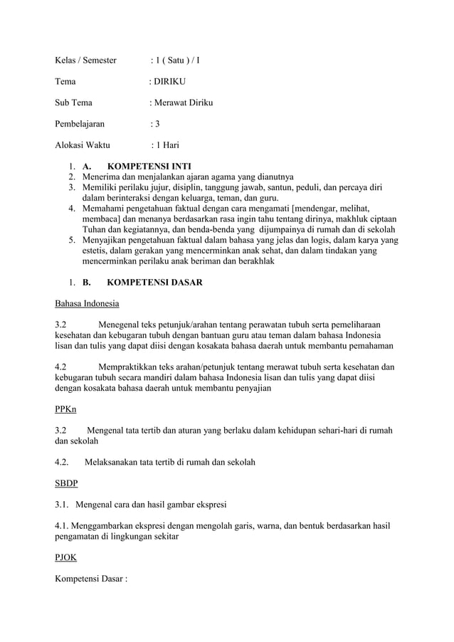 Rpp kelas 1 tema 1 sub tema 3 pembelajaran | DOCX