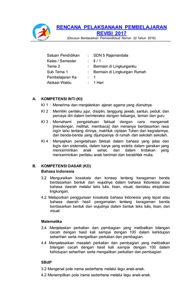 Rpp kelas 2 tema 2 bermain di lingkunganku revisi 2018 | DOCX