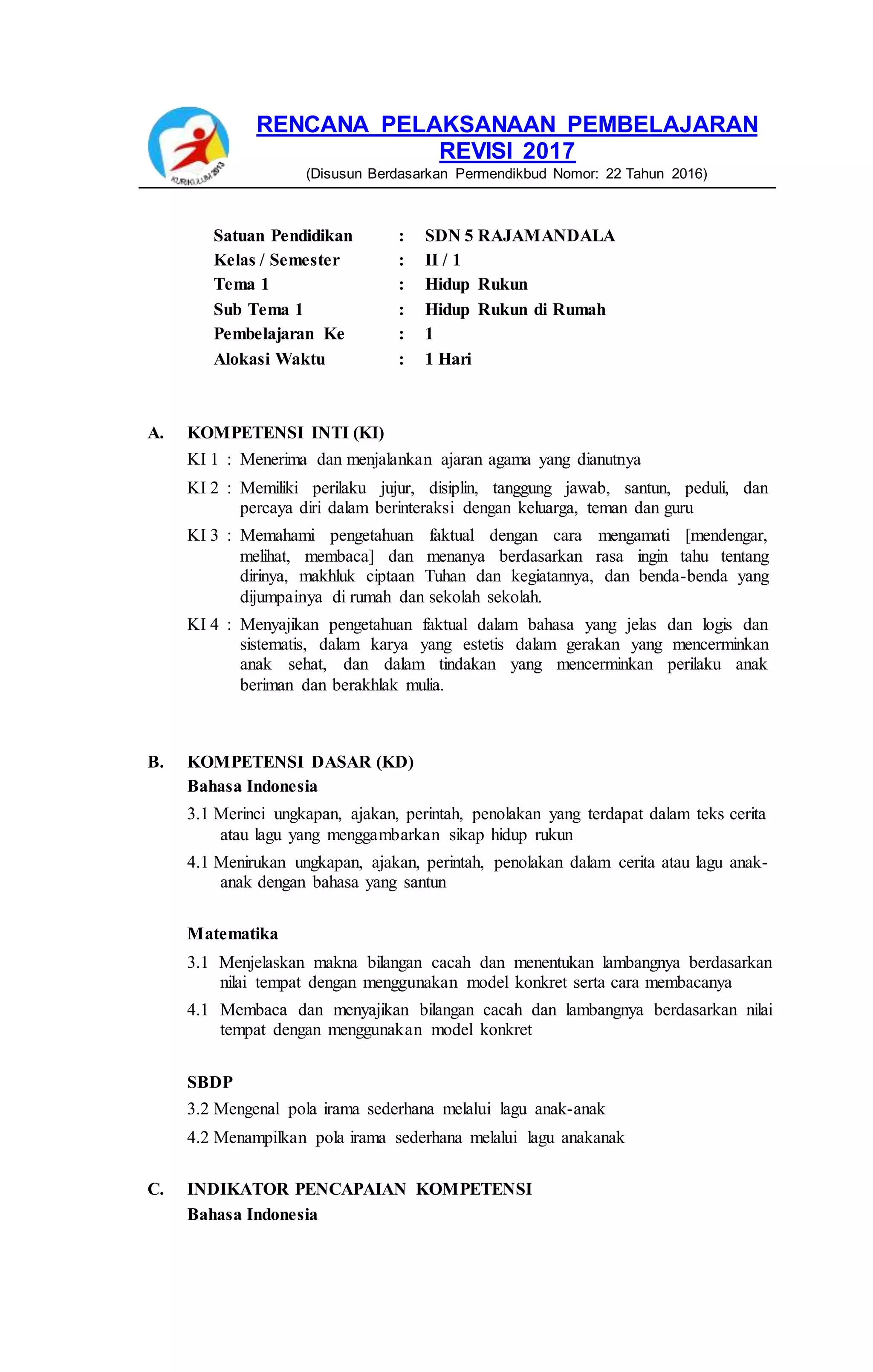 Rpp kelas 2 tema 2 hidup rukun revisi 2018 | DOCX