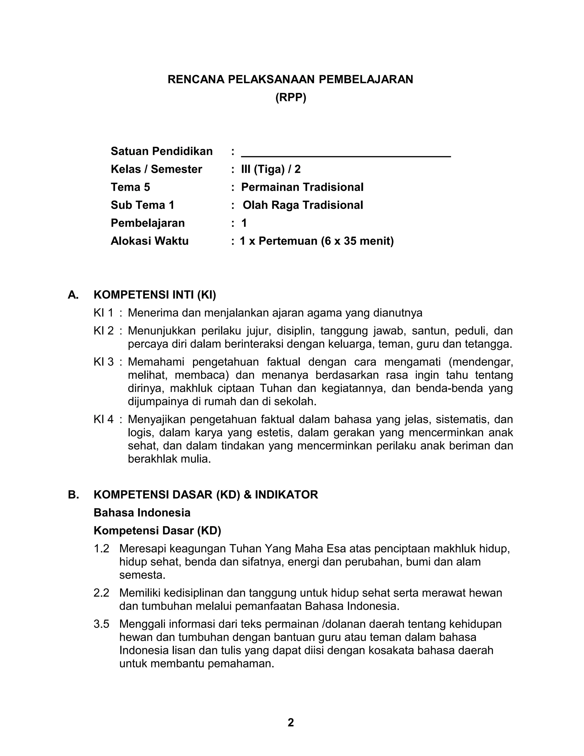 Rpp kelas 3 tema 5 permainan tradisional | DOC