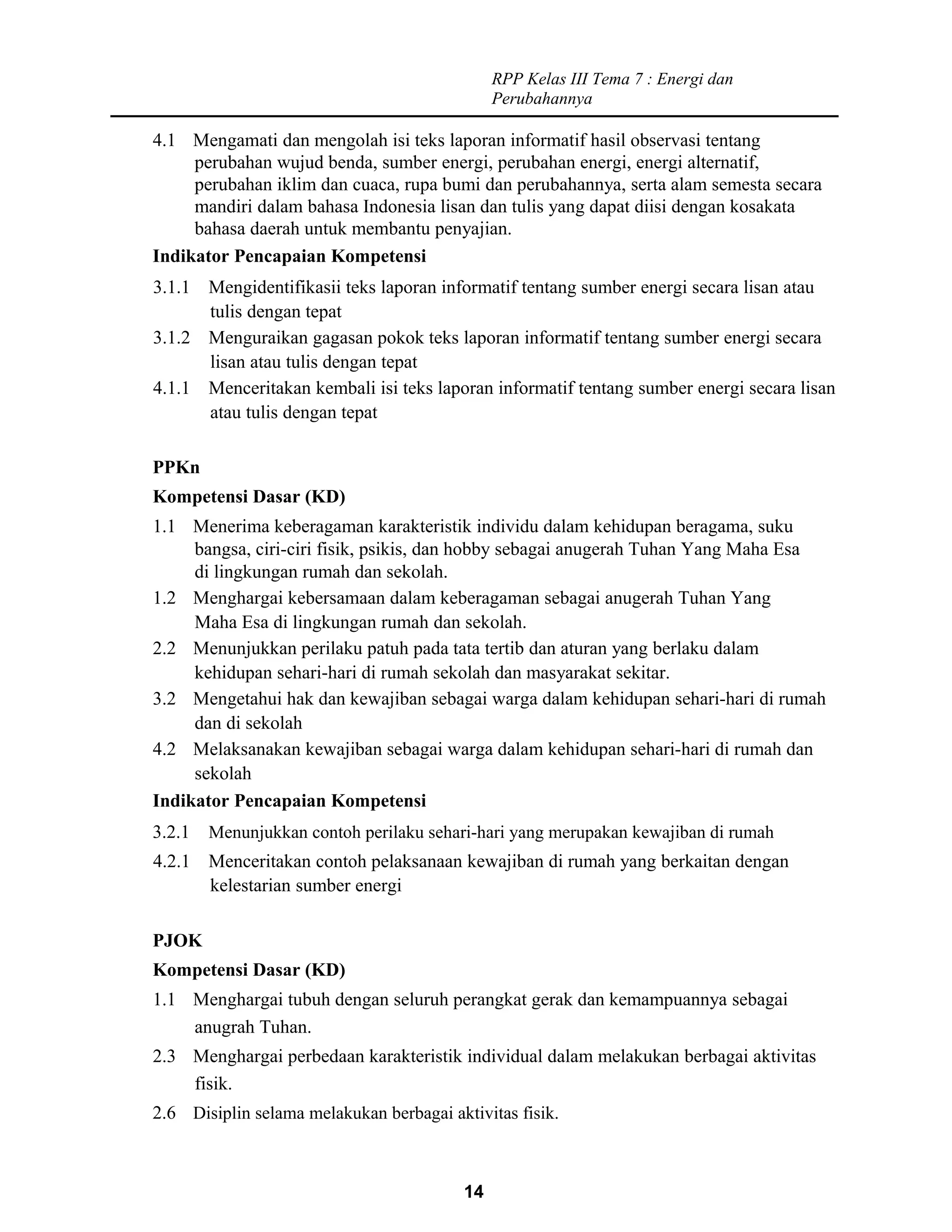 Rpp kelas 3 tema 7 energi dan perubahanya | DOC