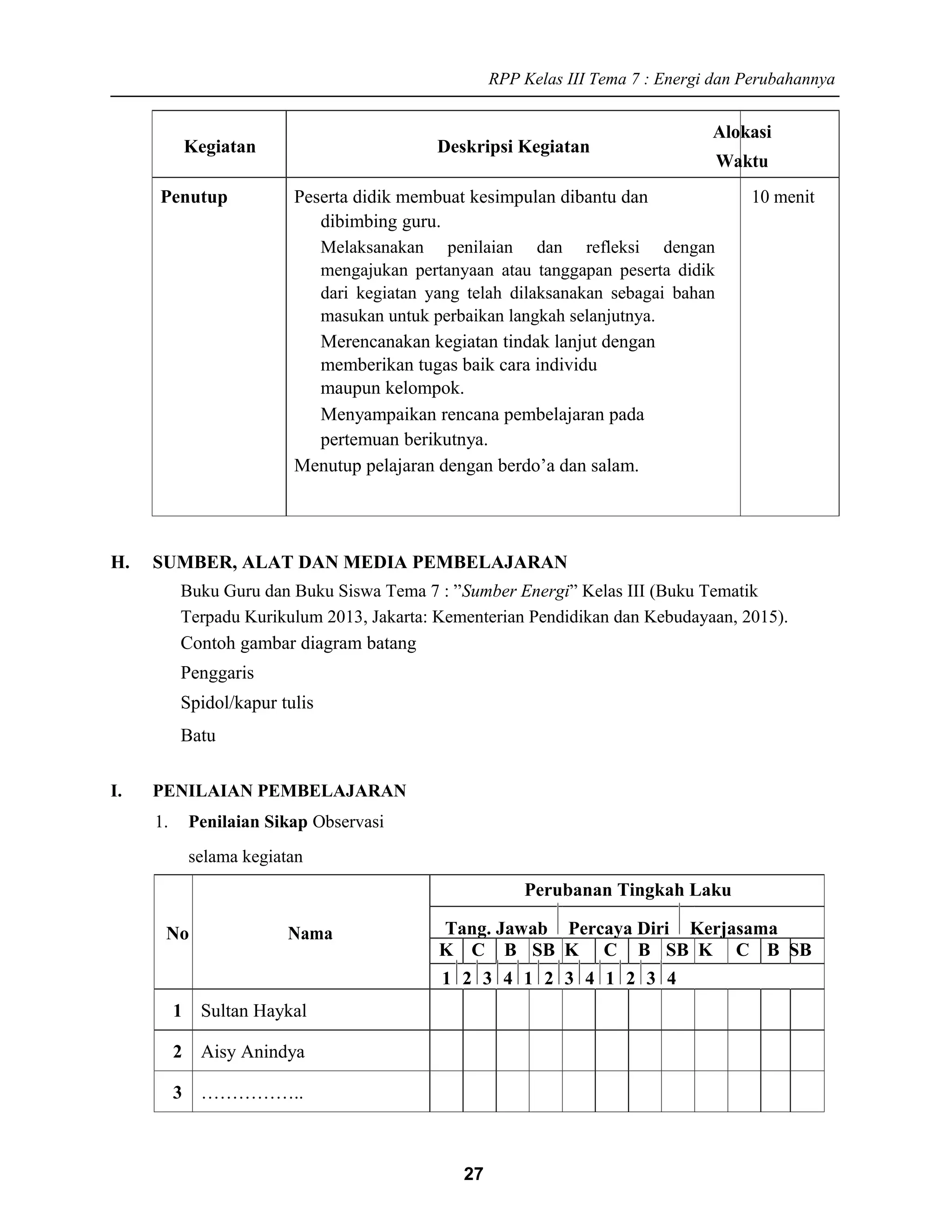 Rpp kelas 3 tema 7 energi dan perubahanya | DOC