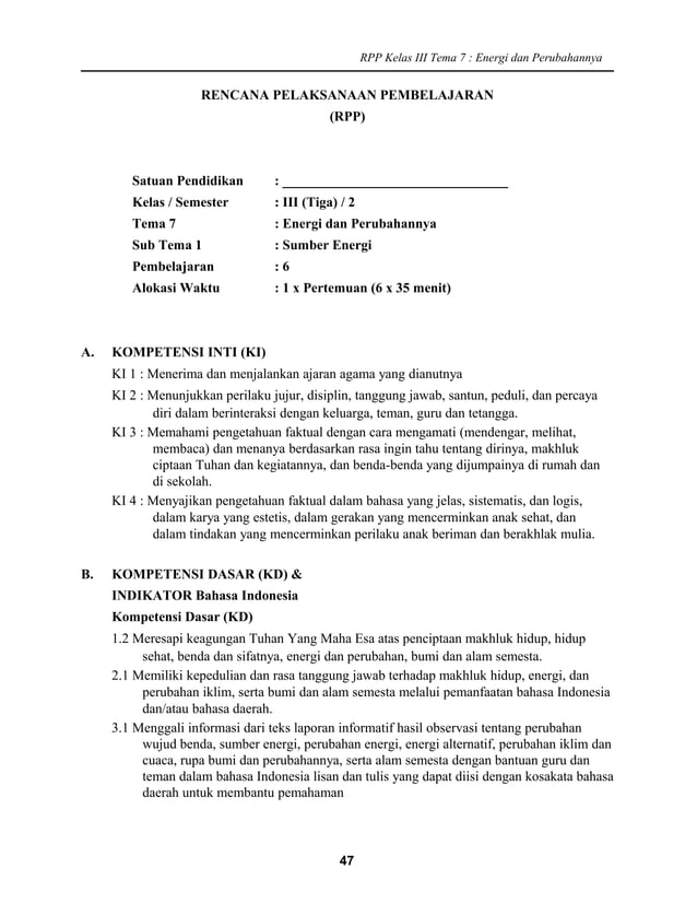 Rpp kelas 3 tema 7 energi dan perubahanya | DOC
