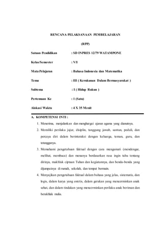 Rpp kelas 5 tema 3 kerukunan dalam bermasyarakat subtema hidup rukun | DOCX