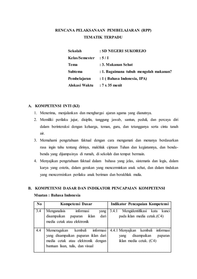 RPP kelas 5 Tema 3 Subtema 1 Pembelajaran 1 | DOCX