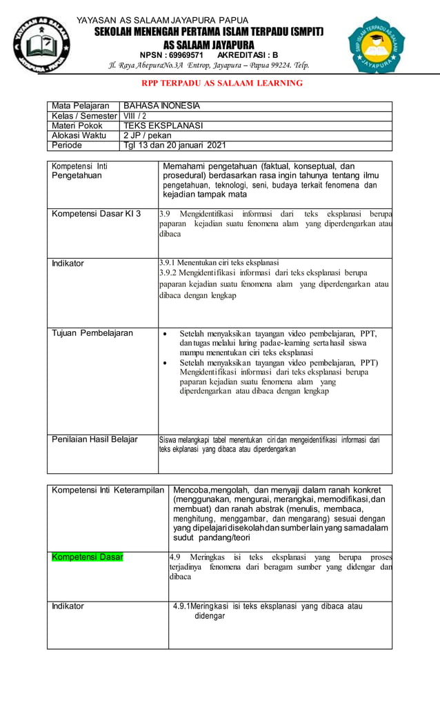Rpp kelas 8 learning | DOCX