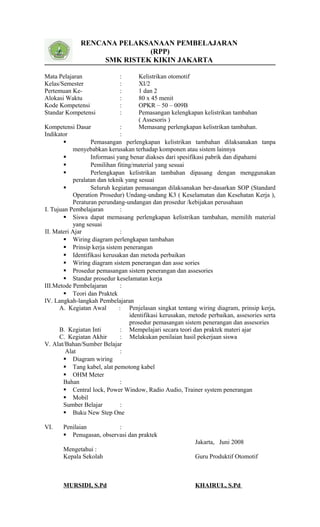 Rpp kelas xi otomotif 009 b kikin | PDF