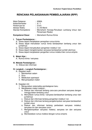 Rpp kimia kelas x | PDF