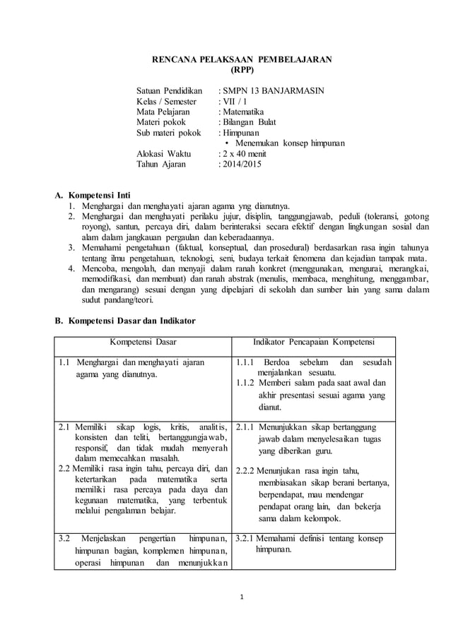 Rpp konsep himpunan Kurikulum 2013 | PDF