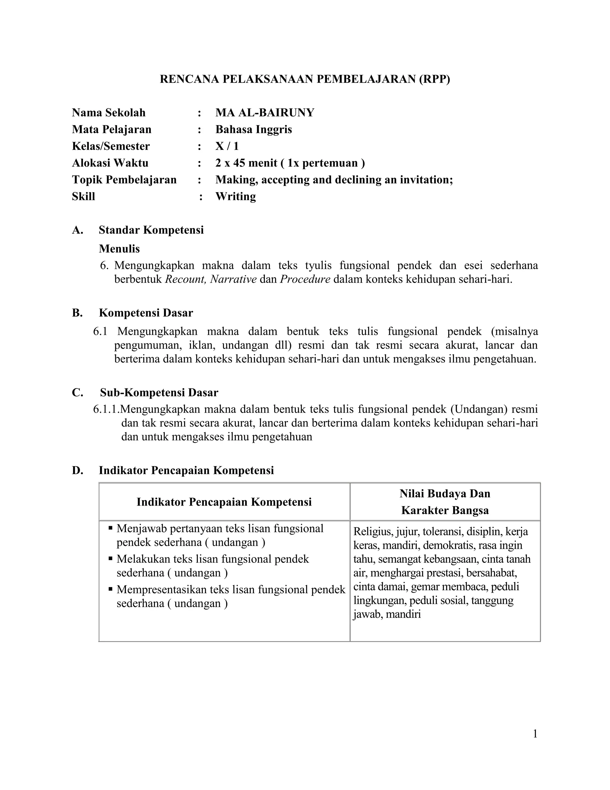 RPP skill Writing, short functional text (Invitation) | PDF