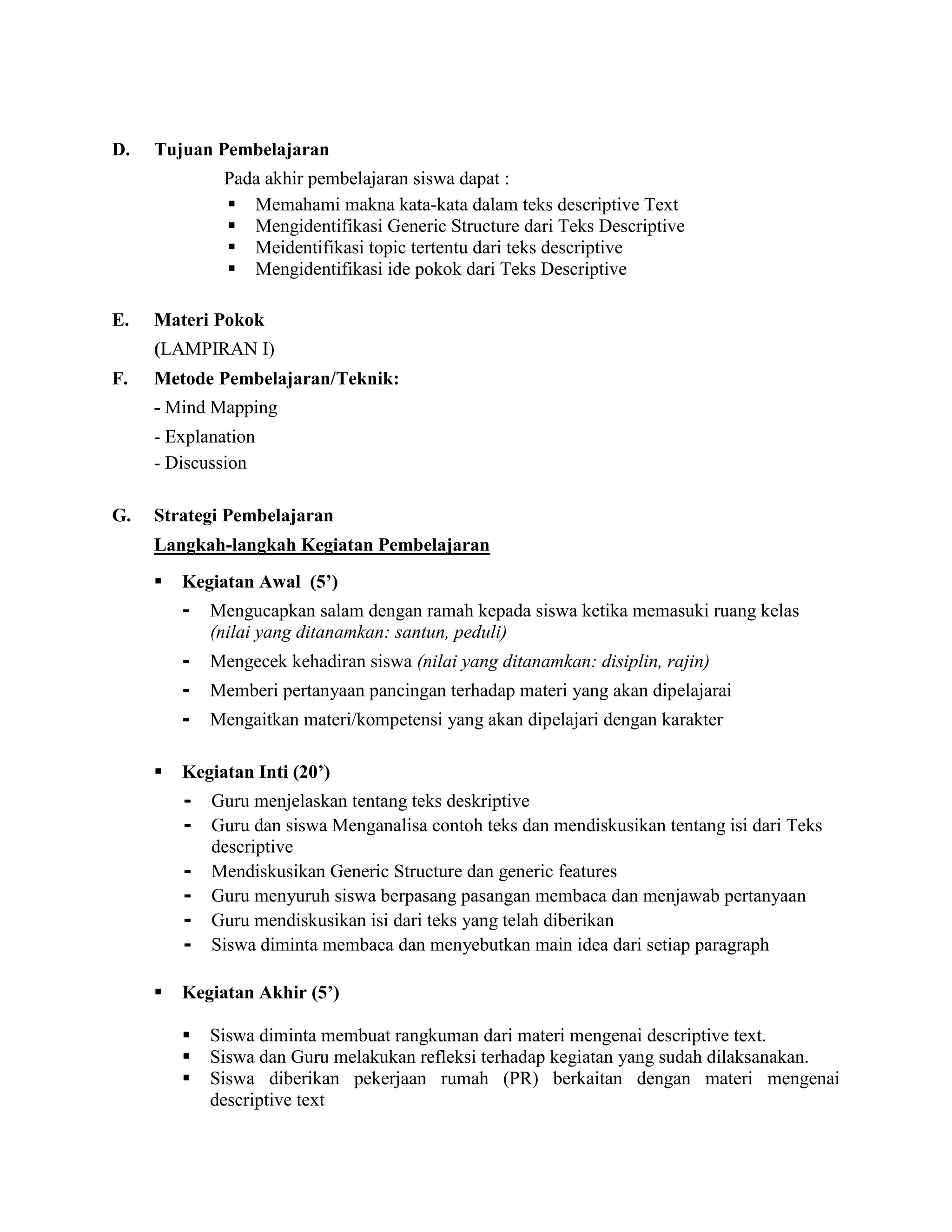 Lesson plan for X (II) Descriptive text | DOCX