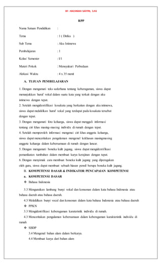 Rpp kurtilas kelas I tema 1 sub tema 4 PB 1 | PDF