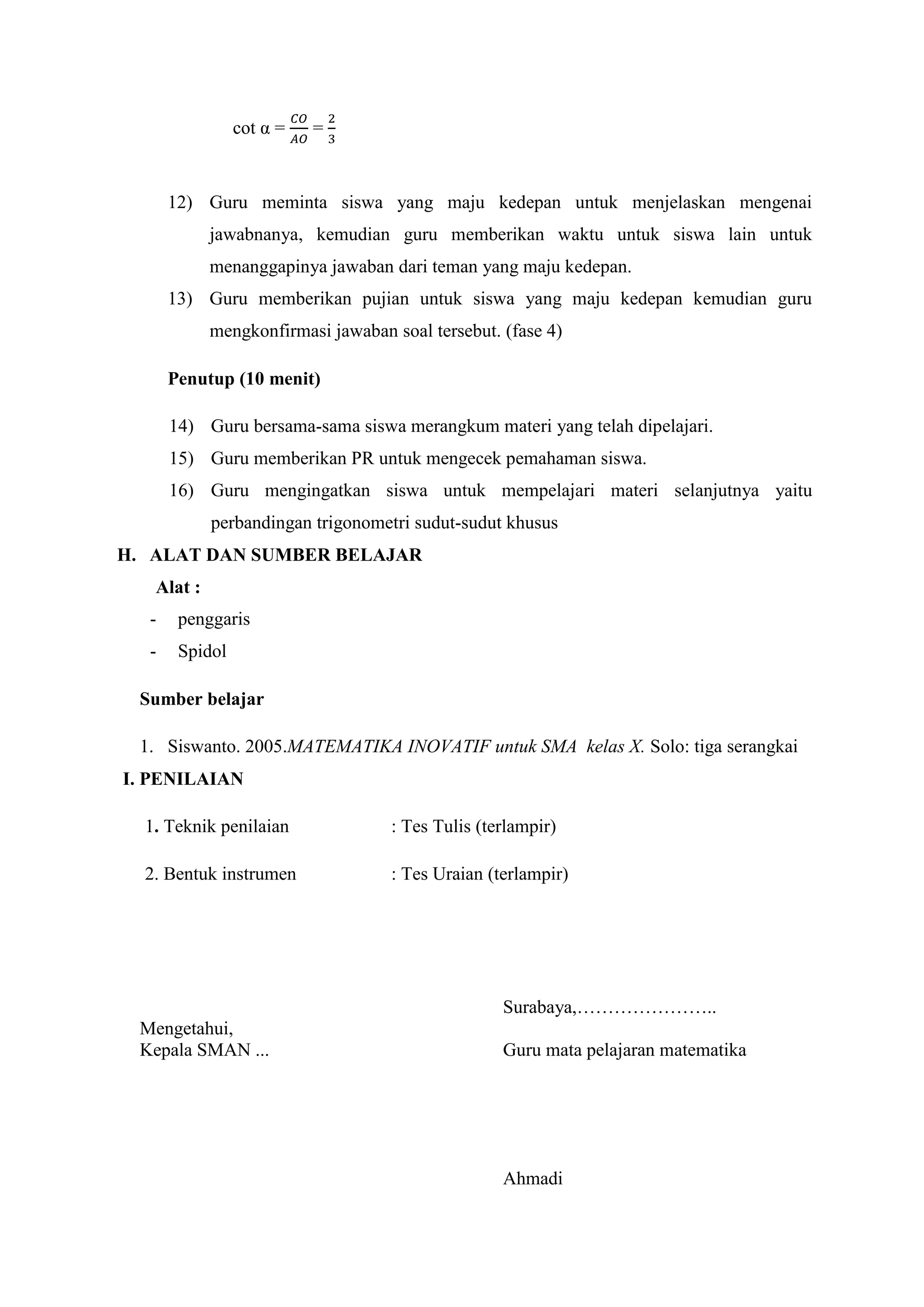 rencana pelaksanaan pembelajaran bab trigonometri PBI | DOCX