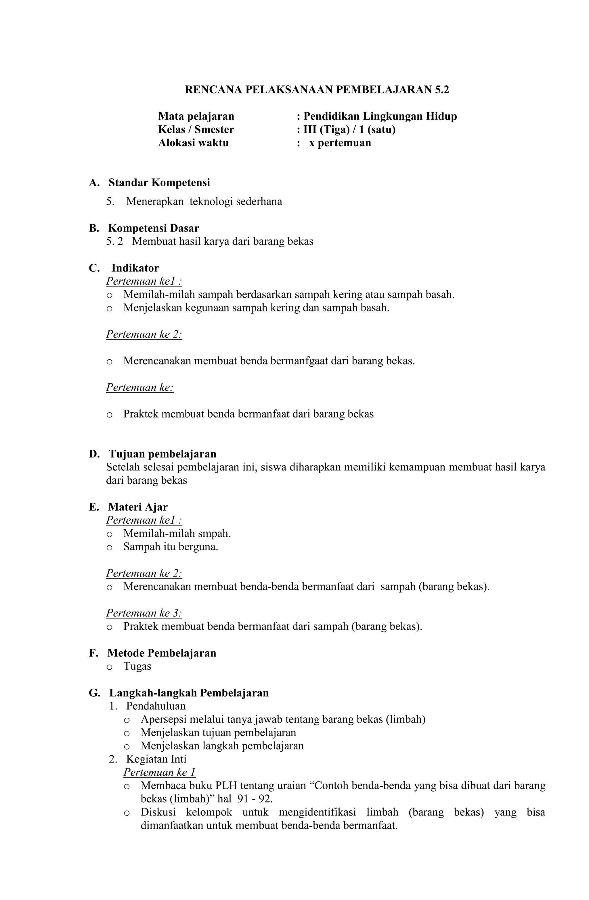 Rencana Pelaksanaan Pembelajaran kelas 3 | DOC