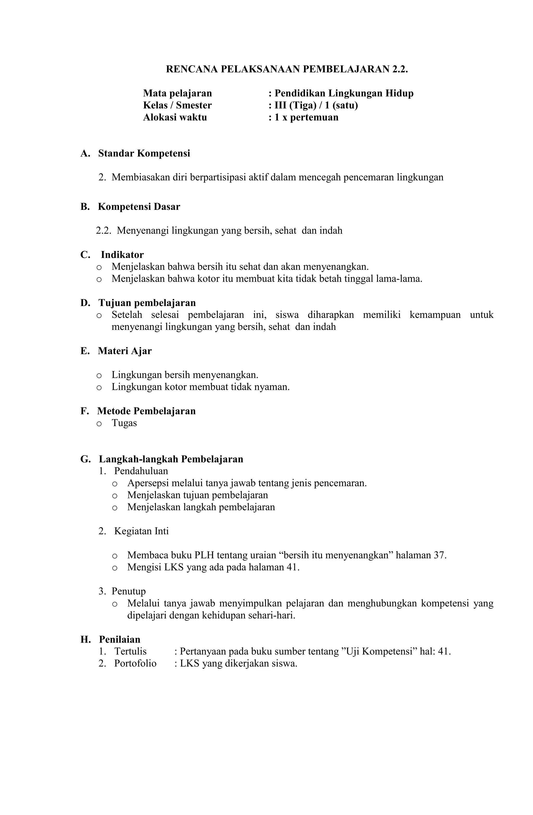 Rencana Pelaksanaan Pembelajaran kelas 3 | DOC