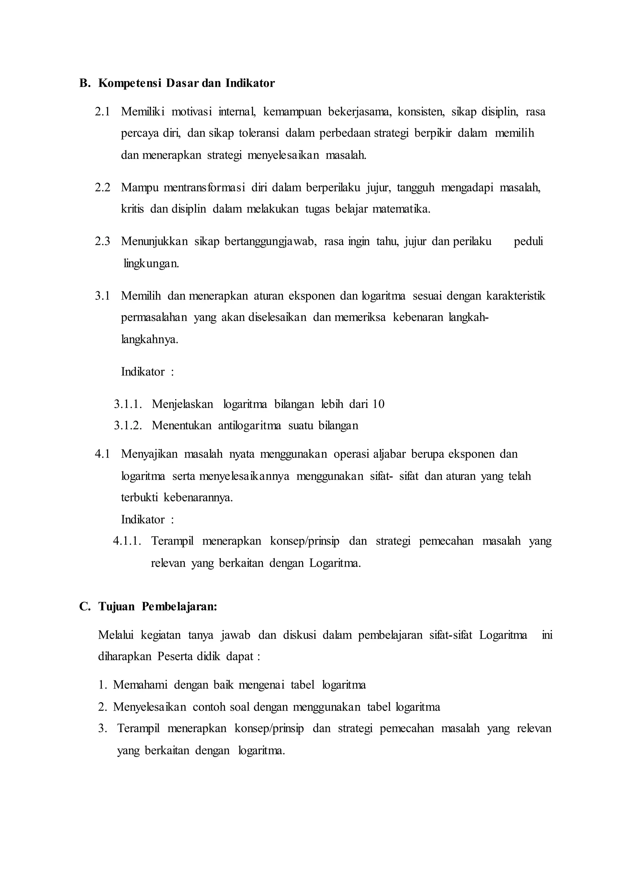 Rpp menentukan nilai logaritma menggunakan tabel logaritma ( RPP ...