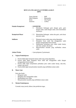 Rpp matematika kelas vii 5 | PDF